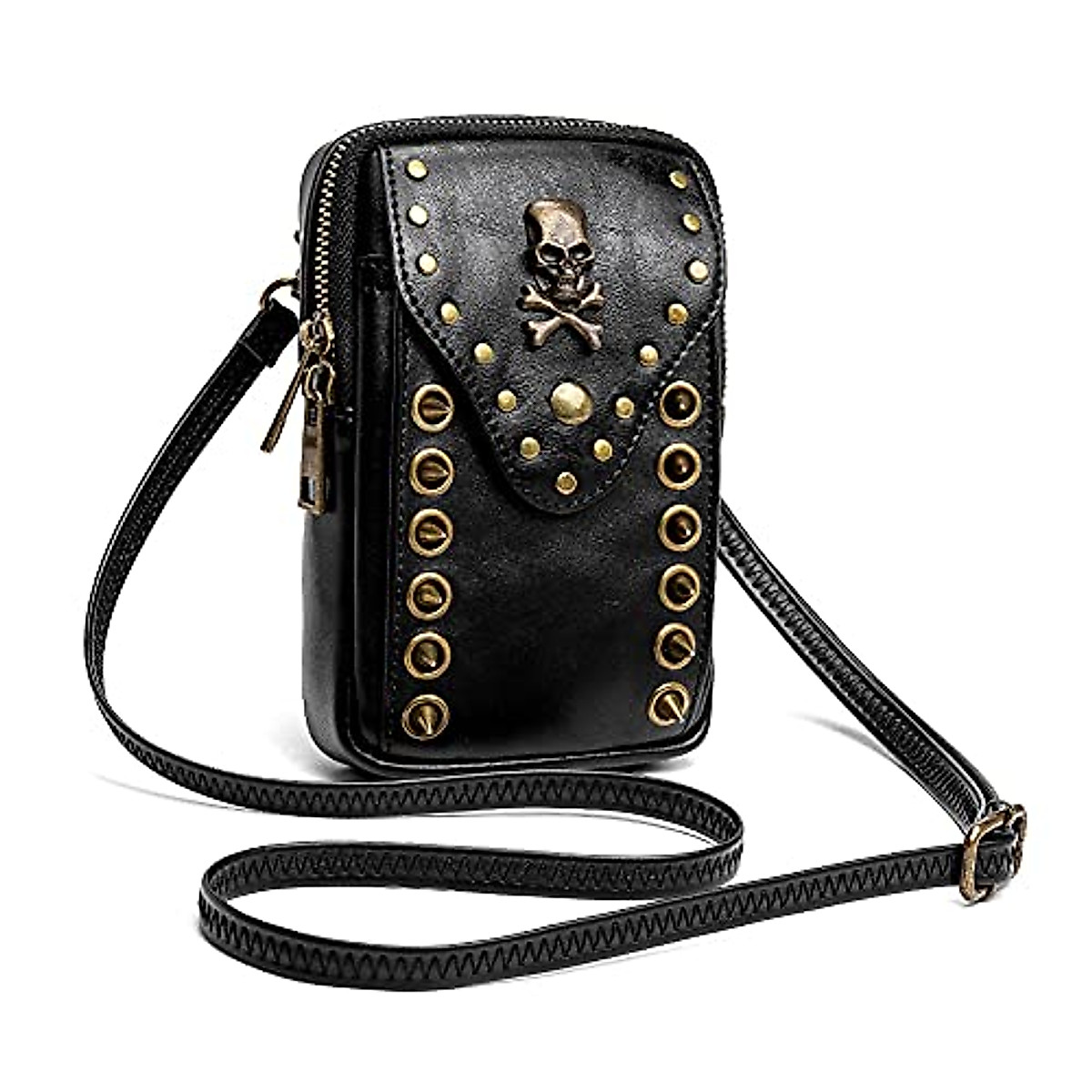 nice--buy Punk Gothic Skull Carry Purse Women Handbag Single Shoulder Waist Bag Cell phone Wallet Steampunk Retro Women Travel Purse Motorcycle Bag Stud Rivet Fashion, Black, Small