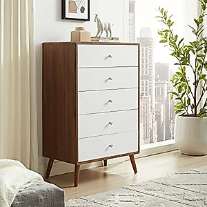 Modway Transmit Mid-Century Modern Wood Walnut White, 5-Drawer Chest