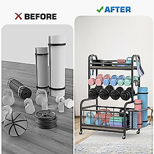 Yoga Mat Storage Rack, Home Gym Storage Yoga Mat Organizer Holder, Sehloran Dumbbell Rack With Hooks and Wheels, Weight Rack for Dumbbells and Kettlebells, Workout Equipment Weight Stand for Home Exercise and Fitness Gear (Metal)
