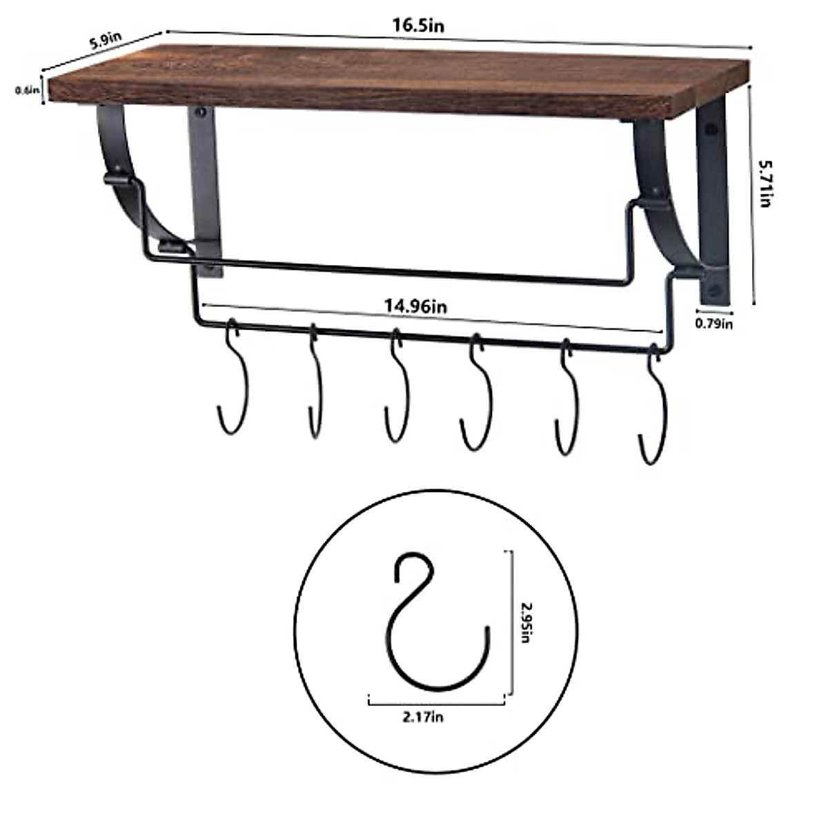 LAVIEVERT Floating Shelves Wall Mounted, Rustic Wood Shelves with 2 Towel Bars and 12 Removable Hooks, Decor Storage Shelves for Bedroom, Living Room, Bathroom, Kitchen, Office - Set of 2
