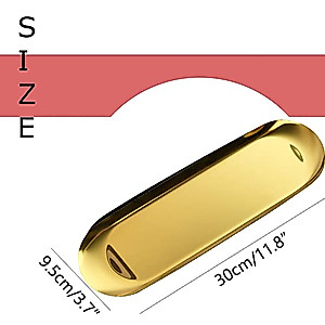 2 Pack Long Narrow Gold Rolling Metal Decorative Tray, 12 Inch Stainless Steel Golden Serving Tray, Oval Brass Vanity Tray Table Décor Platter for Jewelry, Towel, Bathroom, Desktop, Exxacttorch