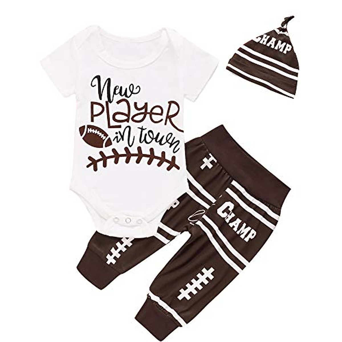 Aslaylme Newborn Baby Boy Clothes Coming Home Outfit New Player in Town Football Romper (Brown, 0-3 Months)