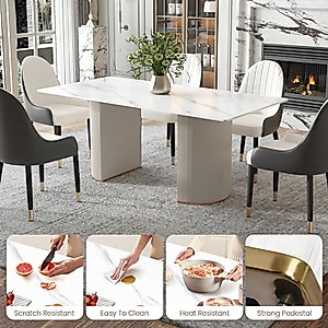 LovingAHome Modern Rectangle Marble Dining Table for 8,79" White Marble Sintered Stone Dining Table with Semi-Circular Pedestal,Faux Marble Kitchen Dinner Table Wrapped in PU Leather (Table Only)