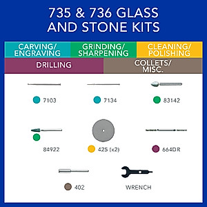 Dremel 735-01 Glass Etching Rotary Tool Accessories Kit - 8 Piece Set - Includes Grinding Stones, Polishing Disc, and Diamond Drill Bit, Blue