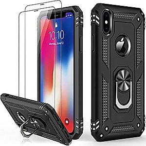 LUMARKE iPhone Xs Max Case with Tempered Glass Screen Protector,iPhone Xs Max Cover Military Grade 16ft. Drop Tested Cover with Magnetic Ring Kickstand Protective Phone Case for iPhone Xs Max Black