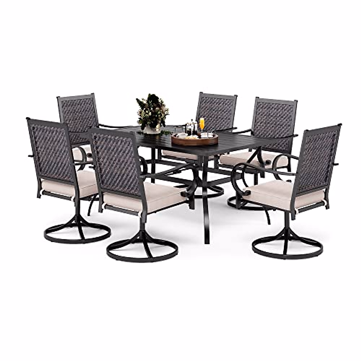 PHI VILLA Outdoor Patio Dining Set of 7, Rectangular Metal Steel Steel Slat Patio Dining Umbrella Hole Table, 6 Rattan Swivel Chairs with Cushion Furniture Set for Home Patio Porch Yard Garden Deck