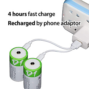 Rechargeable D Batteries 1.5V 12000mWh USB Lithium ion Rechargeable D Battery with USB Type C Charging Cable, High Capacity Fast Charge, 1200 Cycles Constant Output, Over-Charge Protection,2-Pack