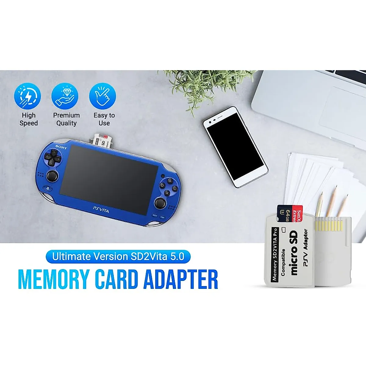 Gamer Gear SD2Vita 6.0 Memory Card Adapter, PS Vita PSVSD Micro SD Adapter PSV 1000/2000 PSTV FW 3.65 HENkaku Enso System, White, 001494