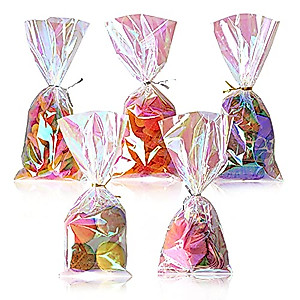 QTOP Cellophane Treat Bags,Iridescent Holographic Goodie Bags, Clear Cello Bags with Twist Ties for Birthday Party Favors, Valentines, Easter, Weddings