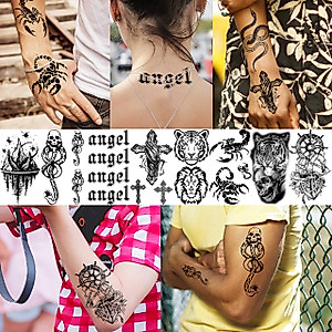 FANRUI 22 Sheets Realistic Black Animals Temporary Tattoos For Women Men Half Arm Sleeve, 3D Large Tribal Tiger Lion Death Skull Fake Tattoo Stickers Halloween, Flower Compass Wolf Owl Tatoos Anchor