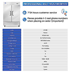 kalifon 54" Commercial Freezer with 2 Solid Door, 49 Cu.ft Reach-in Stainless Steel Freezer, Fan Cooling Freezer for Restaurant, Bar, Home, Shop, and Business(Equip 8 Shelves)