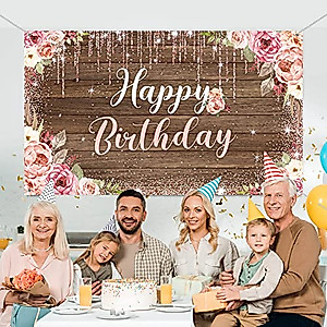 Happy Birthday Backdrop Decorations for Women Background Party Supplies Rose Backdrop Photography for Girls Boys Floral Glitters Banner Wedding Baby Shower Decor (Woodgrain)