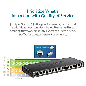 D-Link Ethernet Switch, 16 Port Gigabit Slim Switch Plug and Play, Unmanaged, Metal Housing, Quiet Fanless Design, IEEE 802.3az EEE, 5-Year Limited Warranty (DGS-1016S) Black