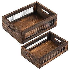 Dicunoy Set of 2 Rustic Nesting Boxes, Wooden Organizer Crates Basket, Small Decorative Wood Wire Containers with Handle for Countertop, Fruit, Veggies, Kitchen, Bathroom, Pantry Storage, Gift Basket