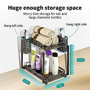 junyuan Large Bathroom Organizer Countertop,2 Tiered Bathroom Organizer Shelves with Toothbrush Holders,Bathroom Counter Storage Rack with Basket and Hooks Metal Black