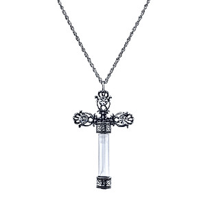 1928 Jewelry Antiqued Pewter Crystal Cross Vial Pendant Necklace For Women 30 Inches
