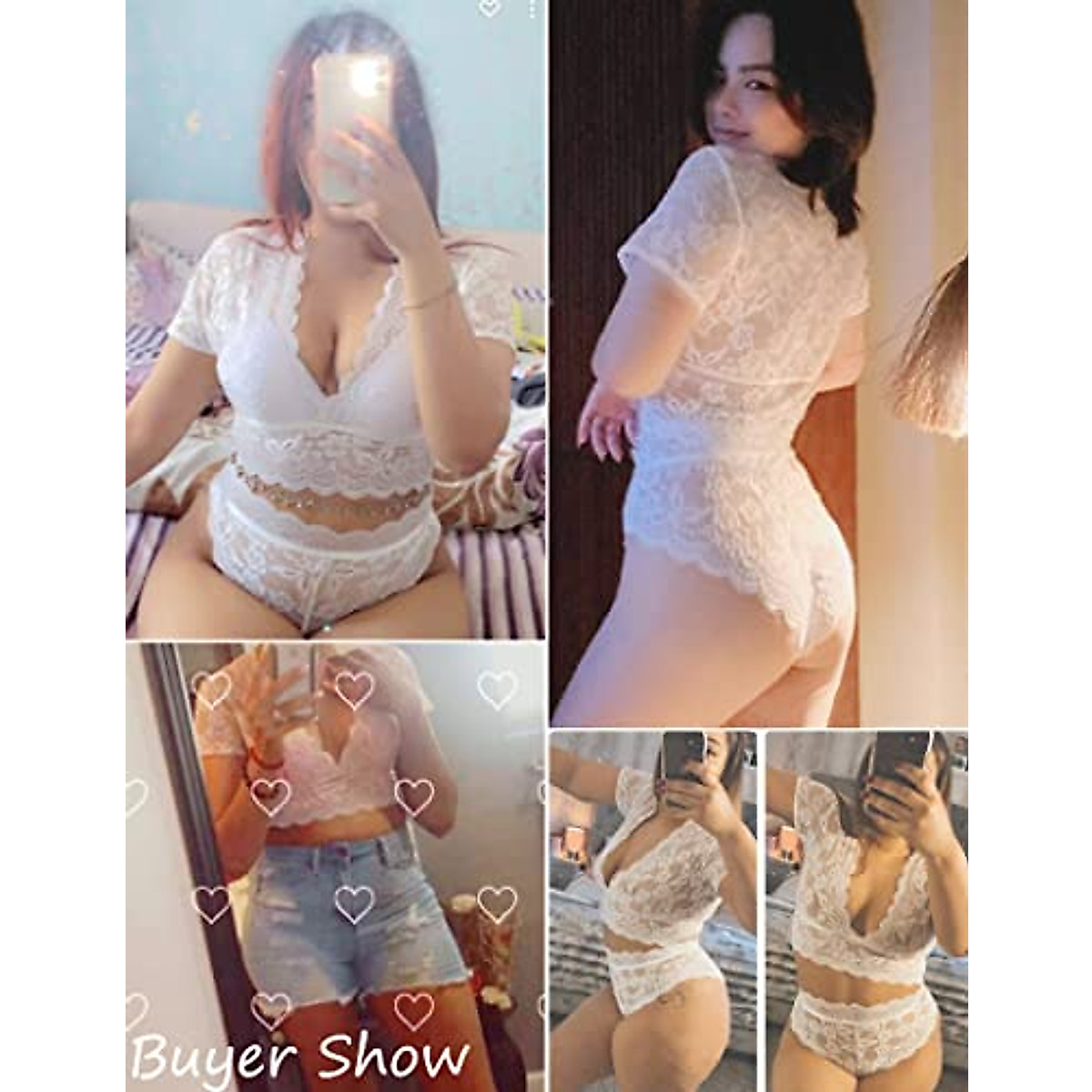 Avidlove Wedding Lingerie for Bride Plus Floral Lace Scallop Trim Lingerie Set Deep V Allover Lace Bra Panties Set Sexy Clubwear (18 Plus, White)