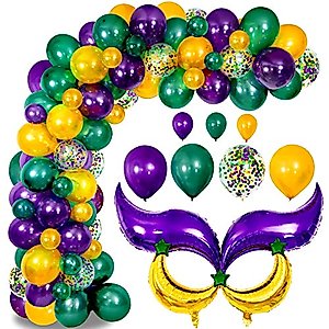 Mardi Gras Balloon Garland Kit,117PCS Deep Green Purple Gold Balloons with Confetti Balloons and Tail Moon Star Foil Balloons for Mardi Gras Fat Tuesday Decorations and Supplies
