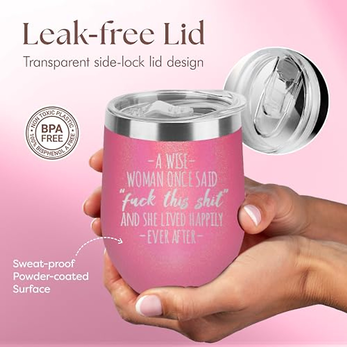 shop4ever A Wise Woman Once Said F This And She Lived Happily Ever After Engraved Insulated Stainless Steel Wine Tumbler with Lid 12 oz. Funny Divorce Retirement Feminist Gift (Pink Sparkle)
