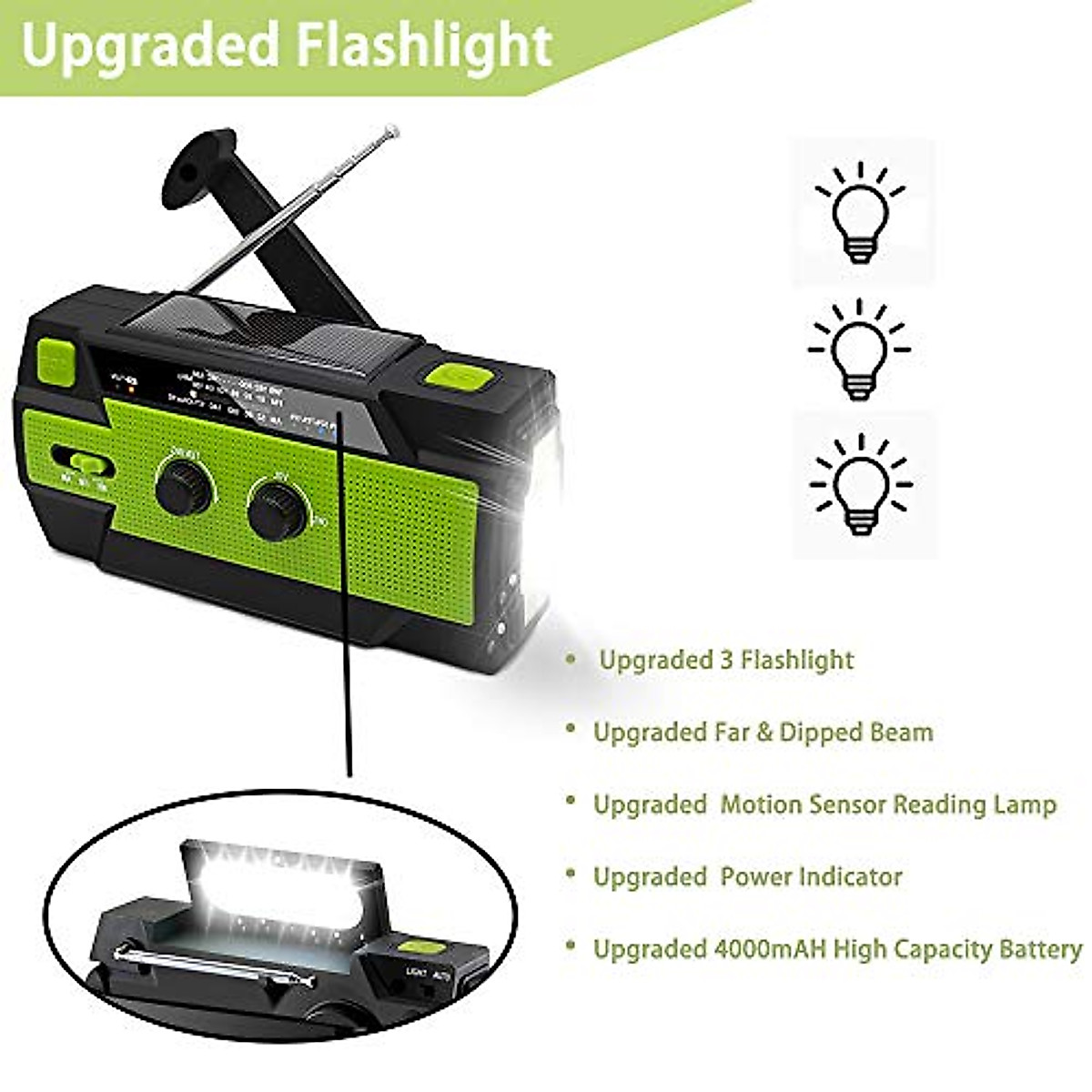 【Upgraded】 Emergency Weather Radio, Hand Crank, 4000mAH, Portable, Solar Charging, with AM/FM/NOAA, 3 LED Flashlights, Motion Sensor, Reading Lamp, SOS Alarm, Rechargeable (Green)
