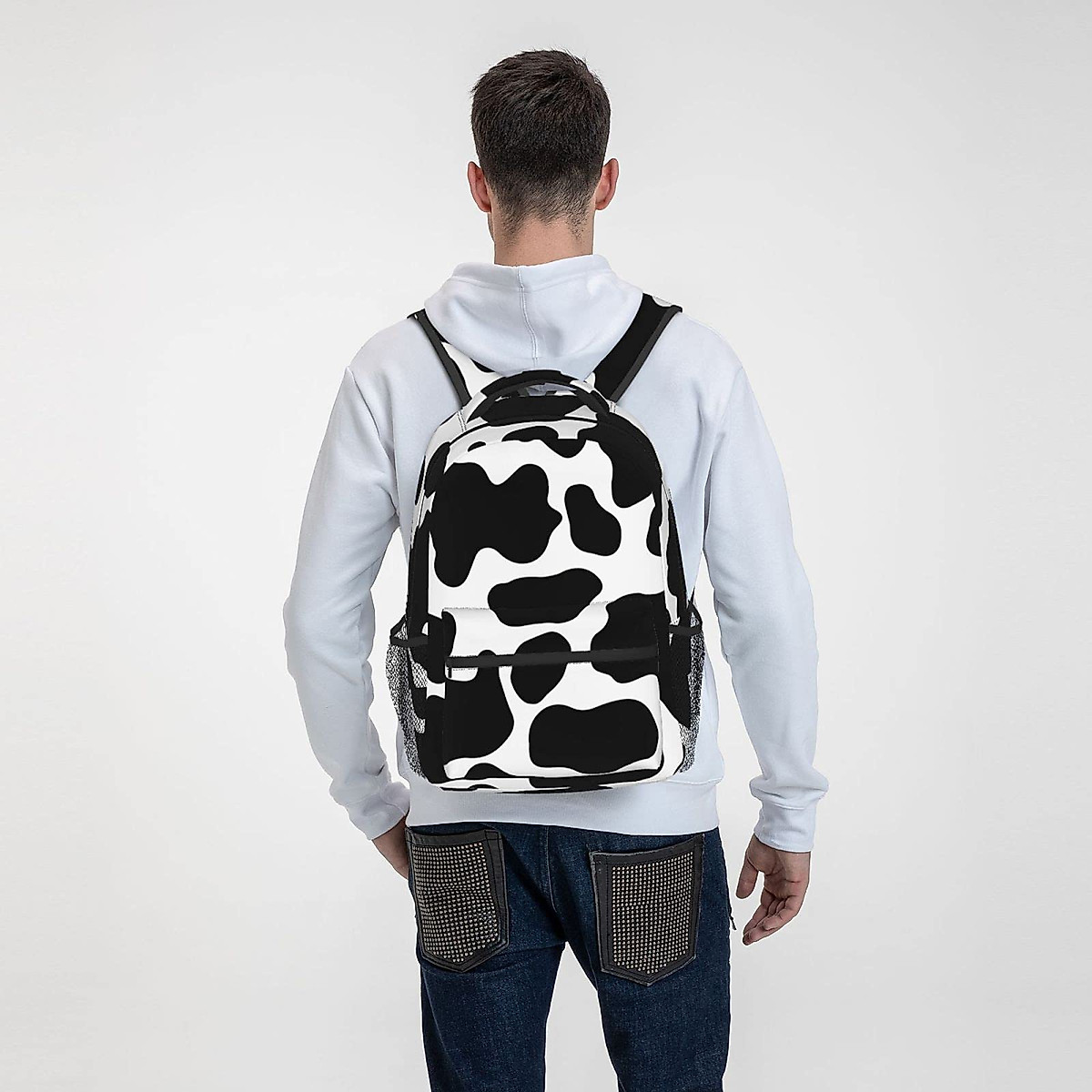 Aisquw Black And White Cow Print Backpack Large-Capacity School Bag Laptop Portable Backpack For Travel Office Shopping (Black White Cow)