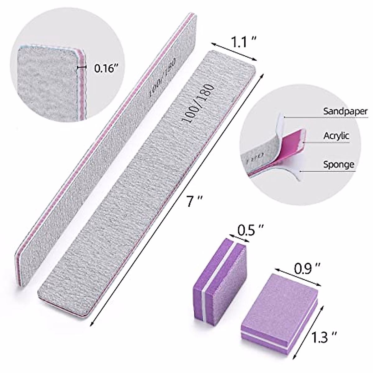 25 Pcs Nail Files for Acrylic Nails and 50 Pcs Purple Mini Buffer Block File, 100/180 Grit Nail Buffer Double Sides Emery Boards Fingernail Files