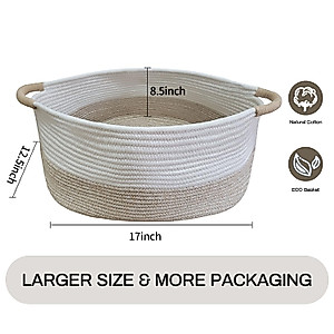 HIFEASTS Cotton Rope Storage Basket with Handles, 17 "L x 12.5" W x 8.5 "H, Home Decor Basket, Towel Basket, Cute Storage Basket for Books and Magazines (White & Light Khaki, 1 PCS)