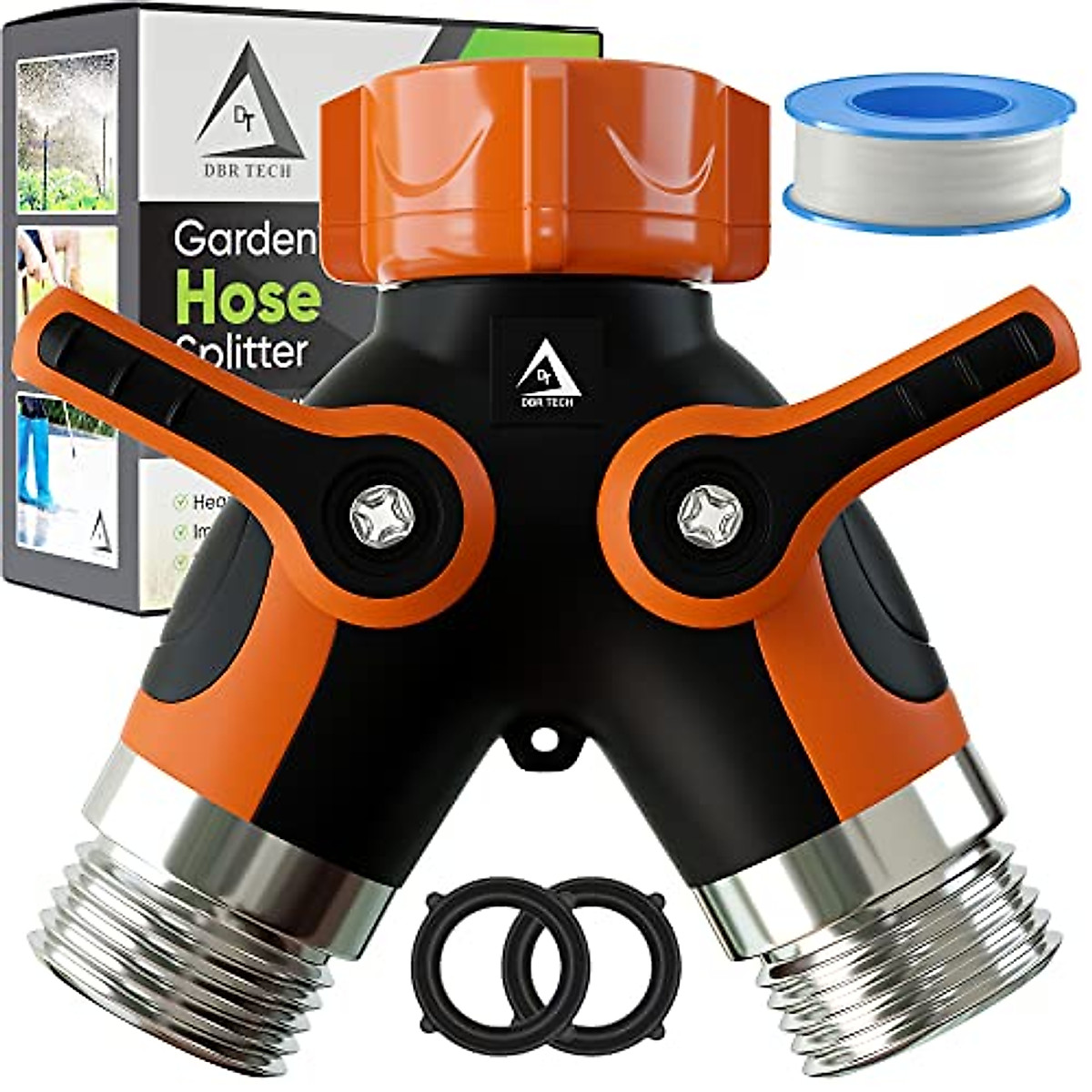 Hose Splitter 2 Way, Heavy Duty Metal Connector, Two Way Garden Hose Splitter, High Flow Spigot Faucet Bib Adapter, Solid Double Y Shut Off Valve for Outdoor Gardening Hoses, Orange