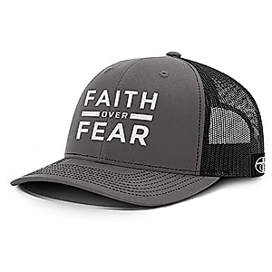 Our True God Faith Over Fear Back Mesh Hat Christian Inspirational Gift Baseball Cap (Charcoal Front Black Mesh) Medium-Large