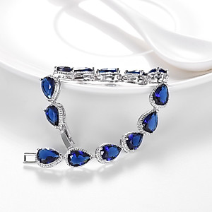 SELOVO Sapphire Color Dark Navy Blue Stone Teardrop Link Tennis Bracelet for Women Silver Tone
