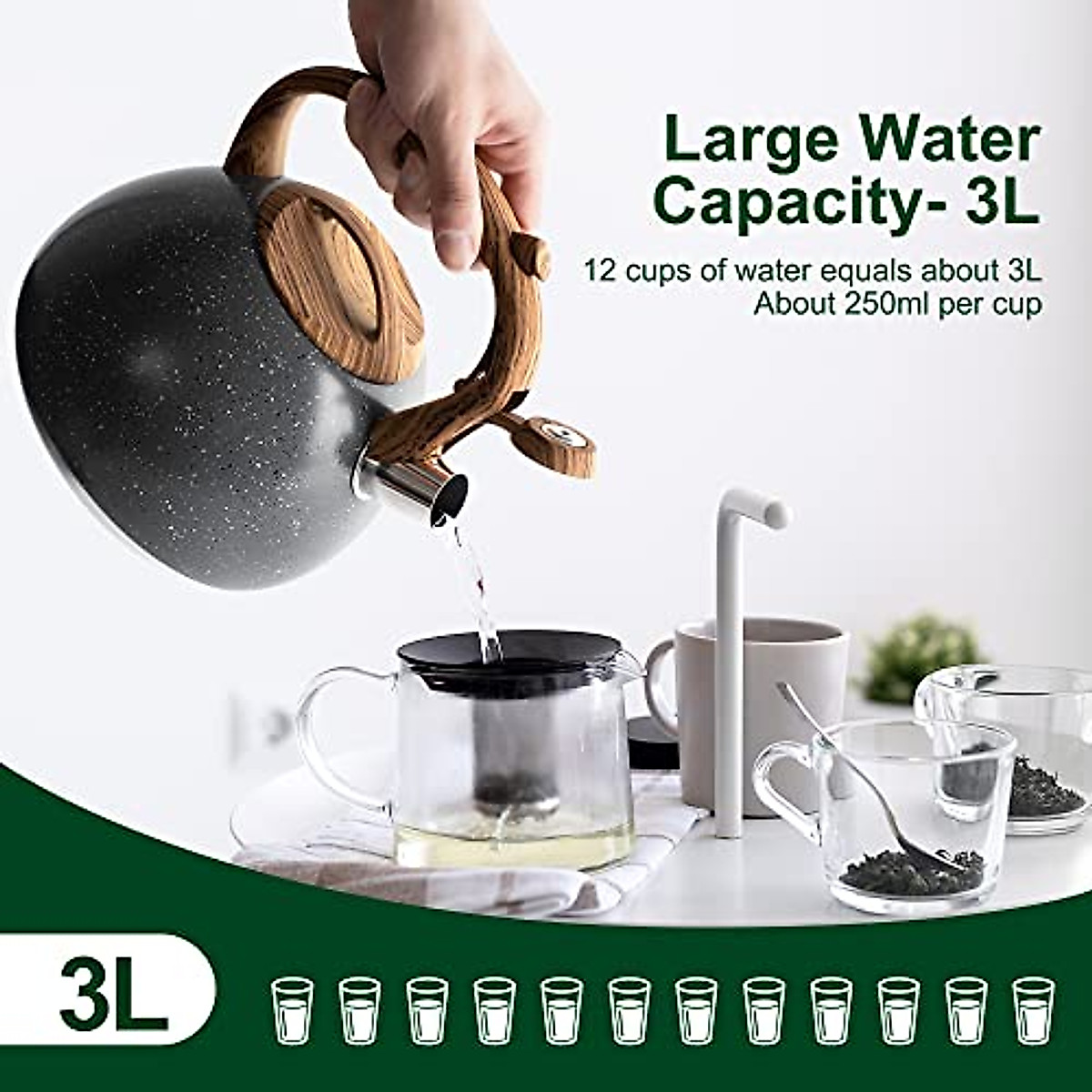 Greenual Tea Kettle, 3.2 Quart Loud Whistling Tea Kettle Stovetop, Food Grade Stainless Steel Teapot for Stovetop, Anti-Rust Tea Pot with Cool Touch Ergonomic Handle(Gray)