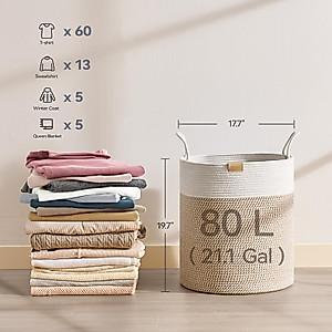 Nunsino 80L Laundry Hamper Basket,Baby Nursery Woven Storage Basket for Toys Bin,Pillows,Blankets,Clothes,Brown&White