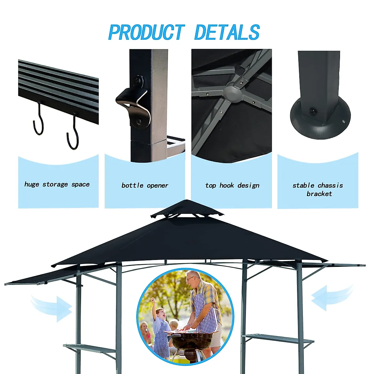 5x8 Outdoor Grill Gazebo BBQ Canopy, Double Tier BBQ Gazebo Grill Tent with Dual Side Retractable Awning, Shelves and Air Vent, BBQ Cabana Tent Canopy Shelter for Patio Party Backyard Picnic(Black)