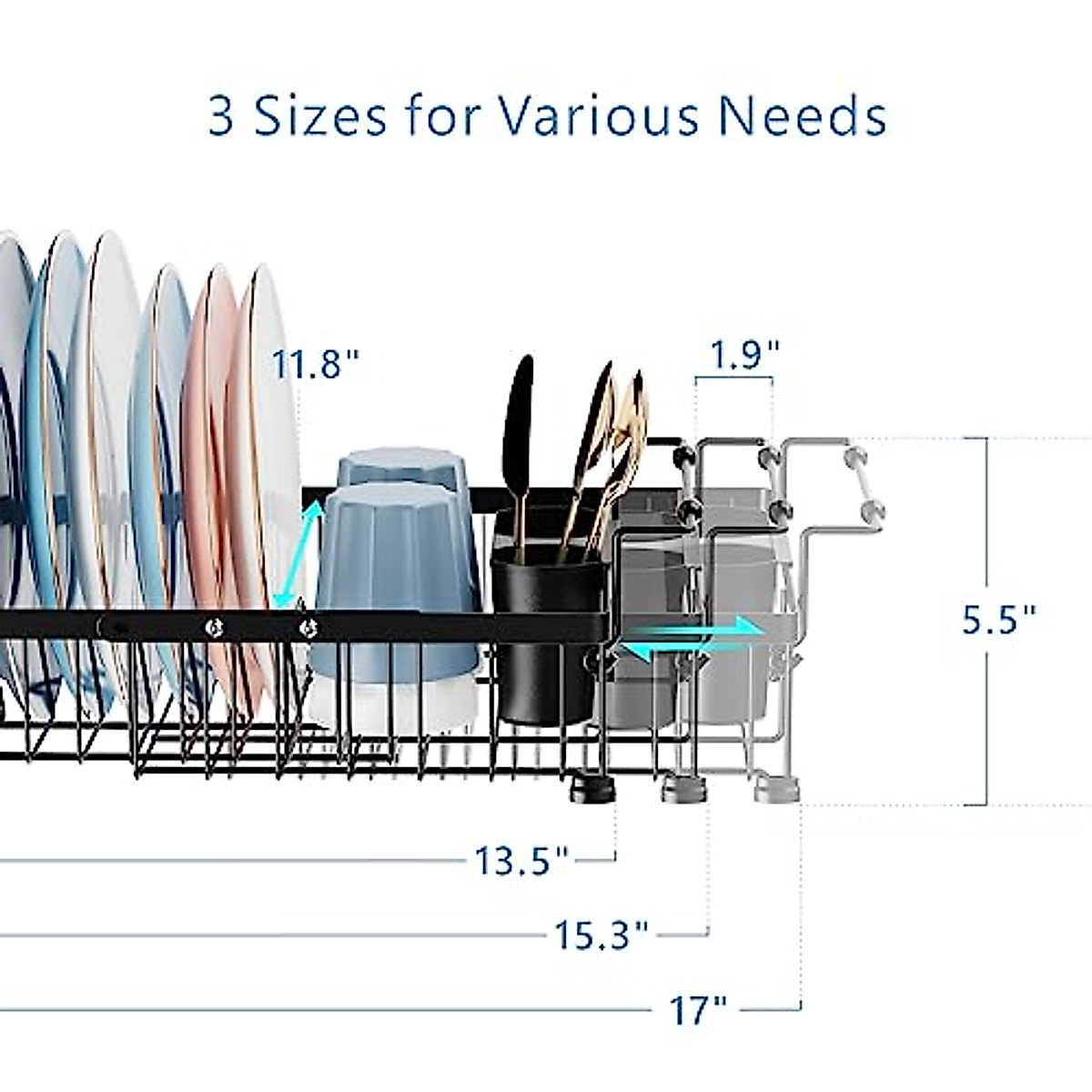 iSPECLE Sink Dish Drying Rack - 3 Sizes Adjustable Dish Rack(13.5'',15.3'',17'') - Over Sink Drying Rack, in Sink or on Counter Dish Drainer with Removable Cutlery Holder Large Capacity, Black