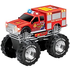 Liberty Imports Motorized Mighty Monster Truck Toy Kids, Electric Motor Vehicle with Big Wheels, Button Action, Sounds and Flashing Lights (Fire Engine)