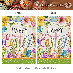 CROWNED BEAUTY Happy Easter Bunnies Garden Flag Floral 12x18 Inch Double Sided for Outside Burlap Small Holiday Yard Flag CF708-12