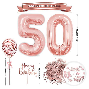 50th Rose Gold Birthday Party Decoration - Happy Birthday Banner, Glitter Circle Dot Garland Streamer, Cake topper, Foil Tablecloth, Rose Gold 50th Balloons, for Women Girl Birthday Party