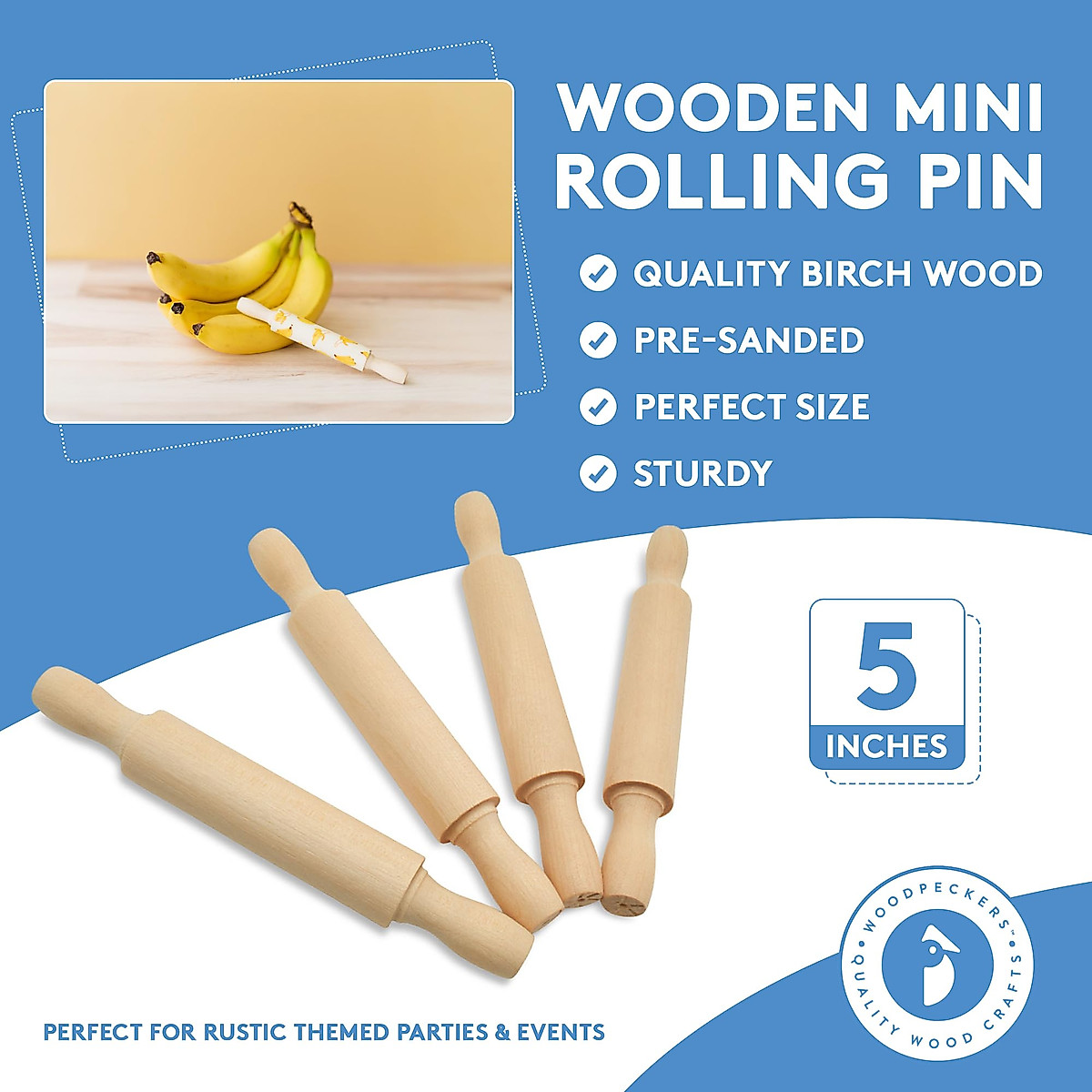 Wooden Mini Rolling Pin, 5 Inches Long, Pack of 6, Great for in The Kitchen, Play-doh, Crafting and Imaginative Play, by Woodpeckers