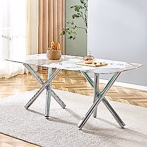 Modern Dining Table for 4 to 6 People with Imitation Marble White Desktop and Dual X-Shaped Silver Metal Legs, Modern Rectangular Kitchen Table for Kitchen Dining Room, 71" W x 39" D x 30" H