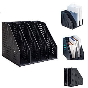 Marte Vanci Collapsible 4 Compartment Magazine Holder Desktop Adjustable Sturdy File Dividers Document Cabinet Rack Display (Black)