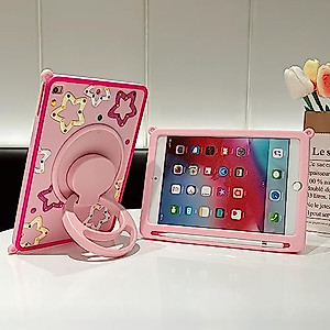 Premium Cute Soft Silicone Pink Star Colorful Kawaii Pattern Tablet Case with Built-in Foldable Kickstand and Lanyard Shockproof Cover Case for iPad Air 4 2020 10.9"
