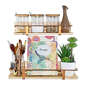 Spiretro Floating RV Shelves, Wall Mount Rustic Wood Wall Shelves with Metal Rail Storage Organize, Display, Décor for Bathroom Living Room Bedroom Kitchen Room Closet, Set of 2 (Large & Small)_ Beige