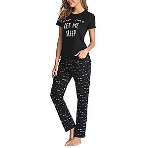 EISHOPEER Women's Sleepwear Jersey Printed Short Sleeve Tee and Pjs Sets Black M