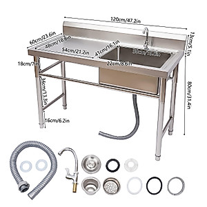 KOLHGNSE Commercial Stainless Steel Sink, Free Standing Restaurant Sink with Drainboard For Outdoor and Kitchen