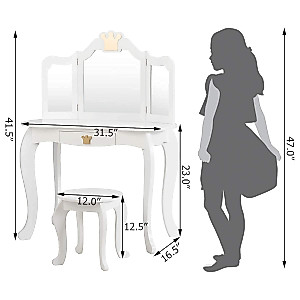 HONEY JOY Kids Vanity, Crown Themed Toddler Dressing Makeup Table and Chair Set w/Drawer & Tri-Folding Mirror, Detachable Mirror, Princess Pretend Play Girls Vanity Set with Mirror and Stool(White)