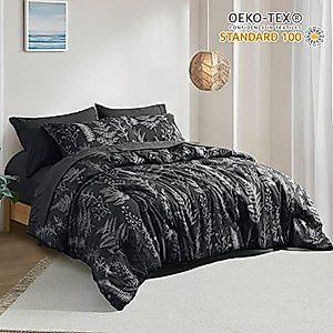 PHF Soft Printed Comforter Sets California King-7 PCS Bed in A Bag Comforter & Sheet Set-Botanical Cozy Bedding Set Include Comforter, Pillow Shams, Flat Sheet, Fitted Sheet and Pillowcase, Black