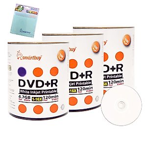 Smartbuy 300-disc 4.7GB/120min 16x DVD+R White Inkjet Hub Printable Blank Media Disc + Free Micro Fiber Cloth