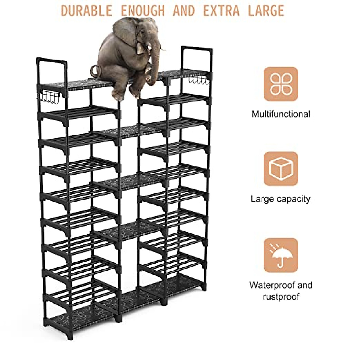 VTRIN Upgrade Shoe Rack Shoe Organizer for Entryway 10 Tiers Holds 54-62 Pairs Shoe and Boots Shelf Organizer Storage Organizer for Closet Durable Metal with Versatile Hooks for Bedroom Garage