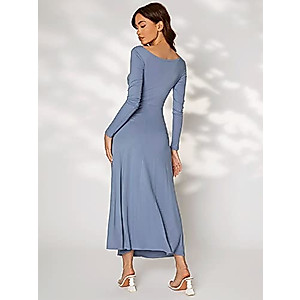 Floerns Women's Solid Boat Neck Long Sleeve Ruched Side Party A Line Long Dress Dusty Blue M