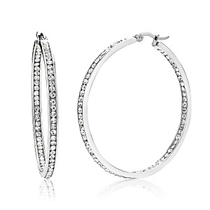 Gem Stone King 2 Inch Stunning Stainless Steel High Shine Inside-Out Hoop Earrings With CZ For Women